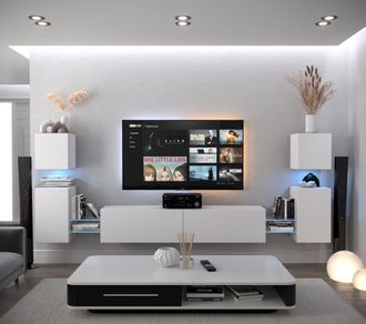 Furnitech Wohnwand Wohnzimmer | Wohnzimmer Möbel mit LED Blau | Hängend Wohnwand Modern | Wohnzimmer Schrankwand mit Regale und TV Schrank (AN105-21W-M4 1A)