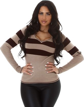 Jela London Damen Sweatshirt Pullover Streifen V-Ausschnitt Longsleeve Langarm Stretch Slim, (Kurz - Hellbraun)