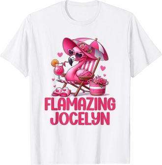 BDAZ Flamazing Jocelyn Pink Flamingo Tropical Beach Scene Damen T-Shirt