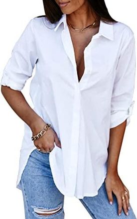Minetom Chemisier Femme Manches Longues Col en V Bouton Shirt Chemise Blouse Lâche Top Fluide Tunique Hauts A Blanc XXL
