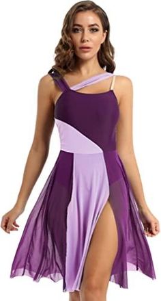 dPois Robe Danse Lyrique Femme Adulte Justaucorps Gymnastique Robe de Danse Classique Ballet Leotard Latine Tango Danseuse Costume Performance XS-XL Violet 