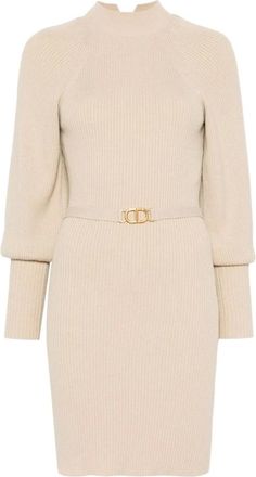 Twinset Femme, Robes, Beige, Taille: 42 FR Courte robe en maille c&ocirc;tel&eacute;e avec ceinture