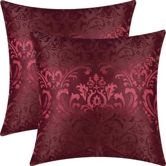 CaliTime Dekokissenbezüge für Couch, Sofa, Zuhause, Vintage-Damast, Blumenmuster, glänzender und matter Kontrast, 40,6 x 40,6 cm, Burgunderrot, 2 Stück