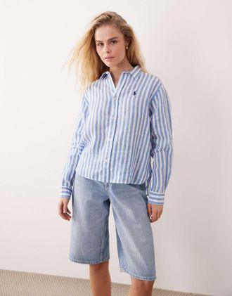 Polo Ralph Lauren Chemise ray&eacute;e coupe carr&eacute;e en lin &agrave; logo embl&eacute;matique - Bleu et blanc