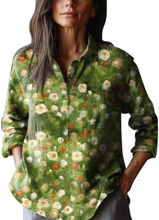 Generico Chemise Femme &Eacute;l&eacute;gant &agrave; Manches Longues Blouse en Lin Coton D&eacute;contract&eacute; Respirant Chemises Col en V Mode T Shirt Vintage Imprim&eacute; avec Boutons L&eacute;ger Ch