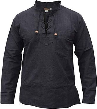 Gheri Chemise à lacets col V en coton et chanvre pour homme - Noir - XXX-Large