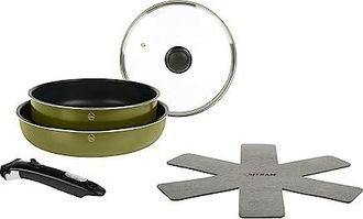 Sitram 715711 Kochgeschirr, recyceltes Aluminium, 1 Schmorpfanne, Ø 24 cm, Glasdeckel, 1 Pfanne, Durchmesser 28 cm, Metallic, abnehmbarer Griff, 1 Filz, für 