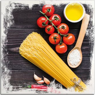 Wallario Wandbild aus Holz Italienisches Menü mit Spaghetti, Tomaten, Salz und Chilischoten - 40 x 40 cm in Premium-Qualität: Brillante Farben
