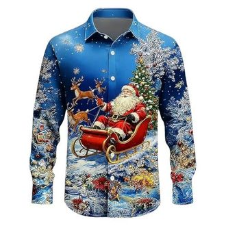 Generic Chemises de Noël pour hommes drôle Père Noël imprimé hauts à manches longues décontractés boutonnés chemisiers automne hiver vêtements col montant che