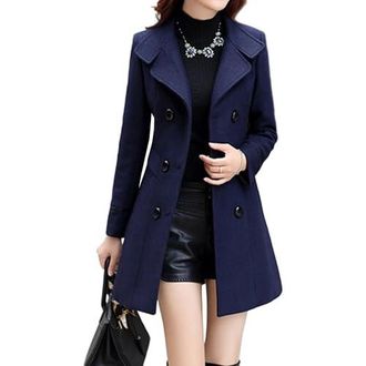 Generic Manteau caban crois&eacute; pour femme, col &agrave; revers, long, robe dhiver, trench-coat, veste dext&eacute;rieur, bleu marine, taille L
