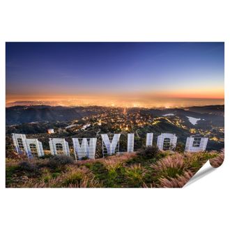 Islandburner XXL Bild Poster Hollywood Zeichen bei Sonnenuntergang in kalifornischer Landschaft Premium Bilder 90x60cm