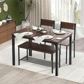 Soges Home Essgruppe Set 4 St&uuml;ck K&uuml;che Esszimmer Tischsets f&uuml;r 4 Personen Moderner Holztisch mit 2 St&uuml;hlen und Einer Langen Bank Platzsparendes Tischset