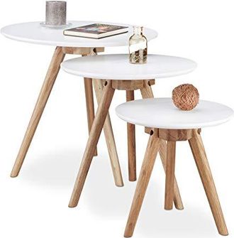 Relaxdays Beistelltisch 3er Set, Tischbeine aus Walnuss-Holz, weiße Tischplatte 50, 40 und 32 cm, im nordischen Design, weiß / natur