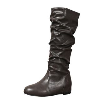Generic Bottes hautes pour femme &agrave; talon plat confortables - Bottines de marche &eacute;l&eacute;gantes de couleur unie pliss&eacute;es d&eacute;contract&eacute;es &eacute;l&eacute;gantes &agrave; enfiler - Bottes 