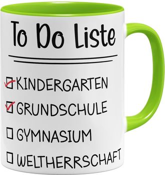 OM3 5. Klasse Tasse mit To Do Liste - Sextaner Gymnasium Gymi - Schulstart - Keramik Becher - 325ml - Beidseitig Bedruckt - Hellgrün