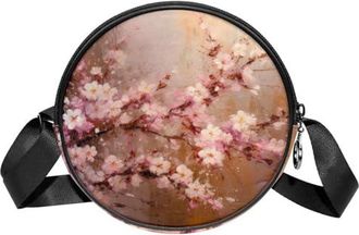 Generic Petit sac &agrave; bandouli&egrave;re rond pour femme, motif fleurs de cerisier avec fermeture &eacute;clair, bretelles r&eacute;glables, sac &agrave; main rond d&eacute;contract&eacute; pour femmes 