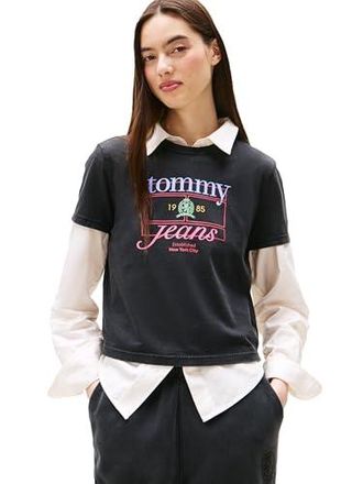 Tommy Jeans T-Shirt Graphique pour Femme avec Blason imprim&eacute; et Logo, Noir, M