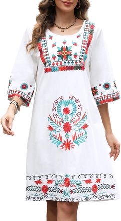 JD Williams Damen Bohemian 3/4 Ärmel Kleid Folklore Floral Stickerei Rundhalsausschnitt Kleider Vintage Lose Freizeitkleider Für Frauen(XXL,789-Weiß)