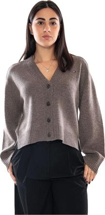 Tommy Hilfiger Cardigan doux en laine &agrave; col en V et boutons - Femme - Pulls - Brun - Taille: 36 FR