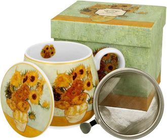 Duo ART GALLERY Fassbecher 430 ml SUNFLOWERS mit Teesieb, New Bone China Porzellan