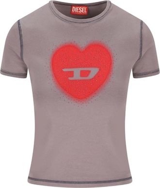 Diesel Femme, Tops, Brun, Taille: 40 FR Heart-logo Print Crew Neck Short Sleeve