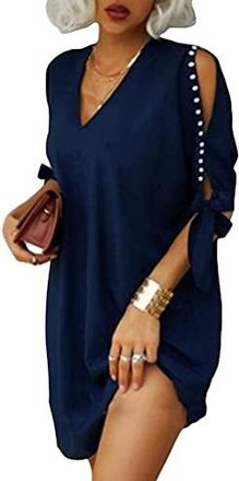 ORANDESIGNE Femme Mini Robe Été Manche Courte Robe de Plage Col V Chemise Grande Taille Tunique Couleur Unie Épaule Dénudée Décontractée Robes A Bleu Foncé 3XL