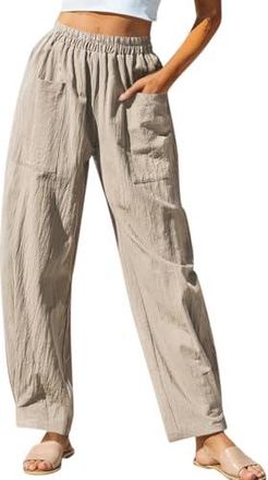 Onsoyours Pantalon Femme Été Lin Pantalons Taille Haute Elastique Coton Palazzo Pants Léger Casual Jambe Large Ample Fluide Droit Décontractée avec Poches A Kak