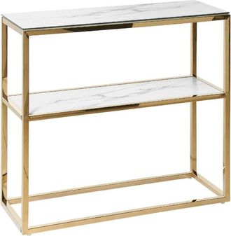 Beliani Konsolentisch Weiß und Gold Sicherheitsglas Marmor Optik Rechteckig Schmal Gestell aus Edelstahl für Schlafzimmer Wohnzimmer Flur Diele Küche