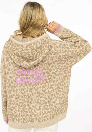 Zwillingsherz Strickpullover WILD HEART Leomuster, Kapuze, Statement Schriftzug, farbige Akzente, oversize