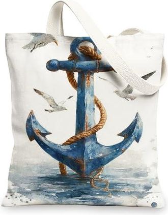 Generic Sacs fourre-tout en toile nautique, motif ancres, réutilisables, légers et lavables avec bandoulière pour les voyages, bleu, 13x15 Inch