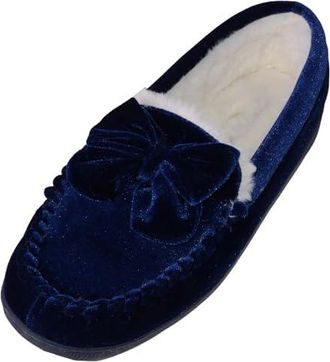 Absolute Footwear Chaussons mocassins en velours pour femme avec noeud Bleu marine Taille 37