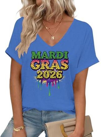 Generic T-shirt Mardi Gras pour femme, col en V - T-shirt d&eacute;contract&eacute; &agrave; manches courtes pour carnaval, v&ecirc;tements d&eacute;t&eacute; - pour les loisirs et les voyages, bleu,
