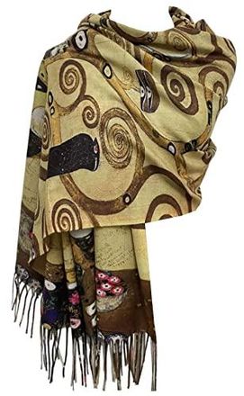 GFM Ch&acirc;le en laine m&eacute;lang&eacute;e, texture cachemire, peinture &agrave; base dart pour lautomne et lhiver - Klimt Tree of Life - (PWSHL-FS-5128-A)