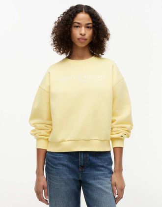 Tommy Hilfiger Relaxed-Fit-Pullover aus Fleece in Gelb mit Logo