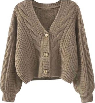 Generic Cardigan court cor&eacute;en en tricot pour femme - Col en V - Style r&eacute;tro - &Eacute;l&eacute;gant - Pour le bureau, Brun, taille unique