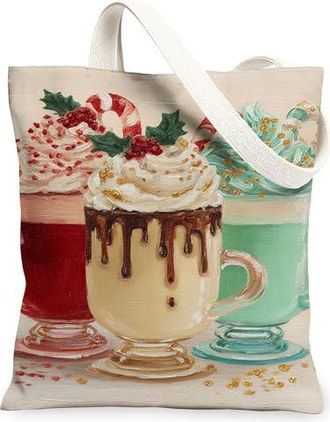 Generic Sacs fourre-tout festifs en toile, motif boisson de vacances vintage, sacs d&eacute;picerie r&eacute;utilisables, l&eacute;gers et lavables avec bandouli&egrave;re, beige, 13x15 