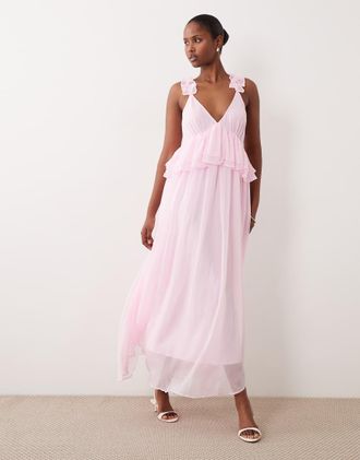 Vila Maxikleid aus Chiffon in Kirschbl&uuml;tenrosa mit R&uuml;schentr&auml;gern