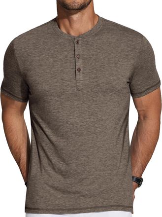 Coofandy Henley T Shirt f&uuml;r Herren Sommer Tshirt mit Knopfleiste Henley Shirt Kurzarm L&auml;ssig T-Shirt M&auml;nner Henley-Kragen T Shirts Basic Tshirts Braun 3XL