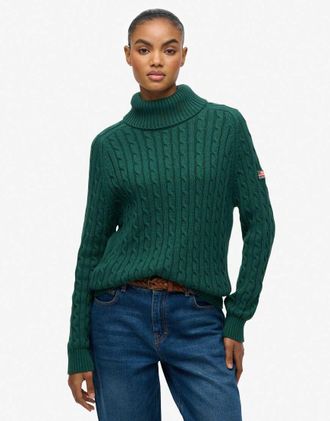 Superdry Pull col roul&eacute; en maille torsad&eacute;e souple - Vert pin fonc&eacute;