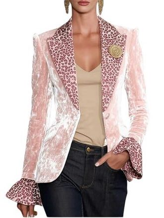 Generic Blazer en velours pour femme 2026 avec poches, imprim&eacute; l&eacute;opard, revers patchwork vintage, fermeture &agrave; un bouton, manches longues, coupe &eacute;troite, rose 