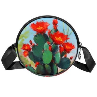 Generic Sac &agrave; bandouli&egrave;re rond pour femme, motif cactus rouge, petit sac &agrave; bandouli&egrave;re avec fermeture &eacute;clair, bretelles r&eacute;glables, sac &agrave; main rond d&eacute;contract&eacute;