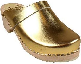 Lotta from Stockholm Sabots Mules suédois Classiques pour Femmes I Supports Chaussures en Bois daulne avec Cuir Enduit de PU de Couleur dorée I Taille 40