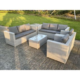 Fimous 8-Sitzer Rattan Gartenm&ouml;bel Set mit 3-Sitzer Sofa 2 Sessel Beistelltisch Couchtisch Helles Grau - Fimous