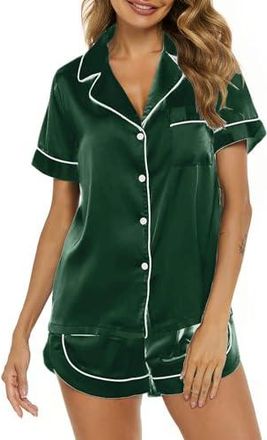 Generic Ensemble de v&ecirc;tements de nuit en satin pour femme - Pyjama 2 pi&egrave;ces en satin - T-shirt &agrave; manches courtes et pantalon - Pyjama boutonn&eacute; - Ensemble de v