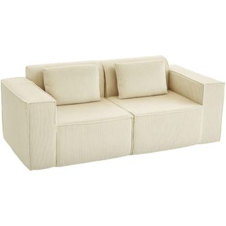 HOMCOM Canap&eacute; 3 places - HOMCOM - assise rembourr&eacute;e, larges accoudoirs, 2 coussins - pas de montage - velours c&ocirc;tel&eacute; - 202x90x76cm - beige