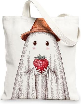 Generic Sacs fourre-tout en toile motif de fraises fantômes, mignons personnages de dessin animé, sacs de courses réutilisables, amusants, fantaisie, légers, 