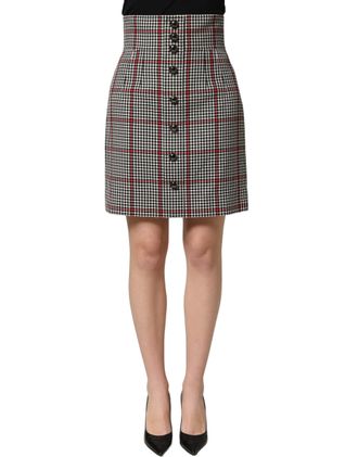 Dolce & Gabbana Womens Gray Checkered High Waist A-Line Mini Skirt Cotton Virgin Wool Nylon