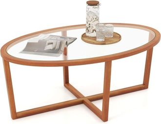 Costway Costway - Table Basse en Verre Tremp&eacute;, Table Basse Bois Ovale, Pieds Crois&eacute;e en Bois dAcacia, Table de Salon Naturel, Brun