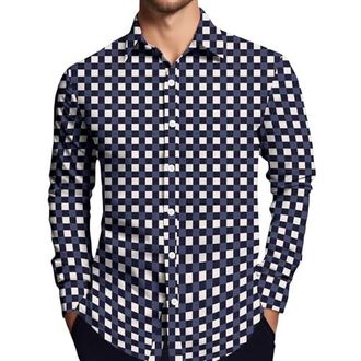 Generic Chemise &agrave; manches longues pour homme - Avec motif &agrave; carreaux - En coton m&eacute;lang&eacute; - Chemise de loisirs avec boutonni&egrave;re sur toute la longueur et col cla