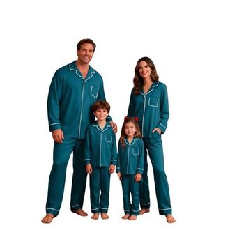 Generic Pyjama familial de Noël assorti à manches longues en satin de soie avec col à revers boutonné, vêtements de nuit doux et confortables, vêtements de nu